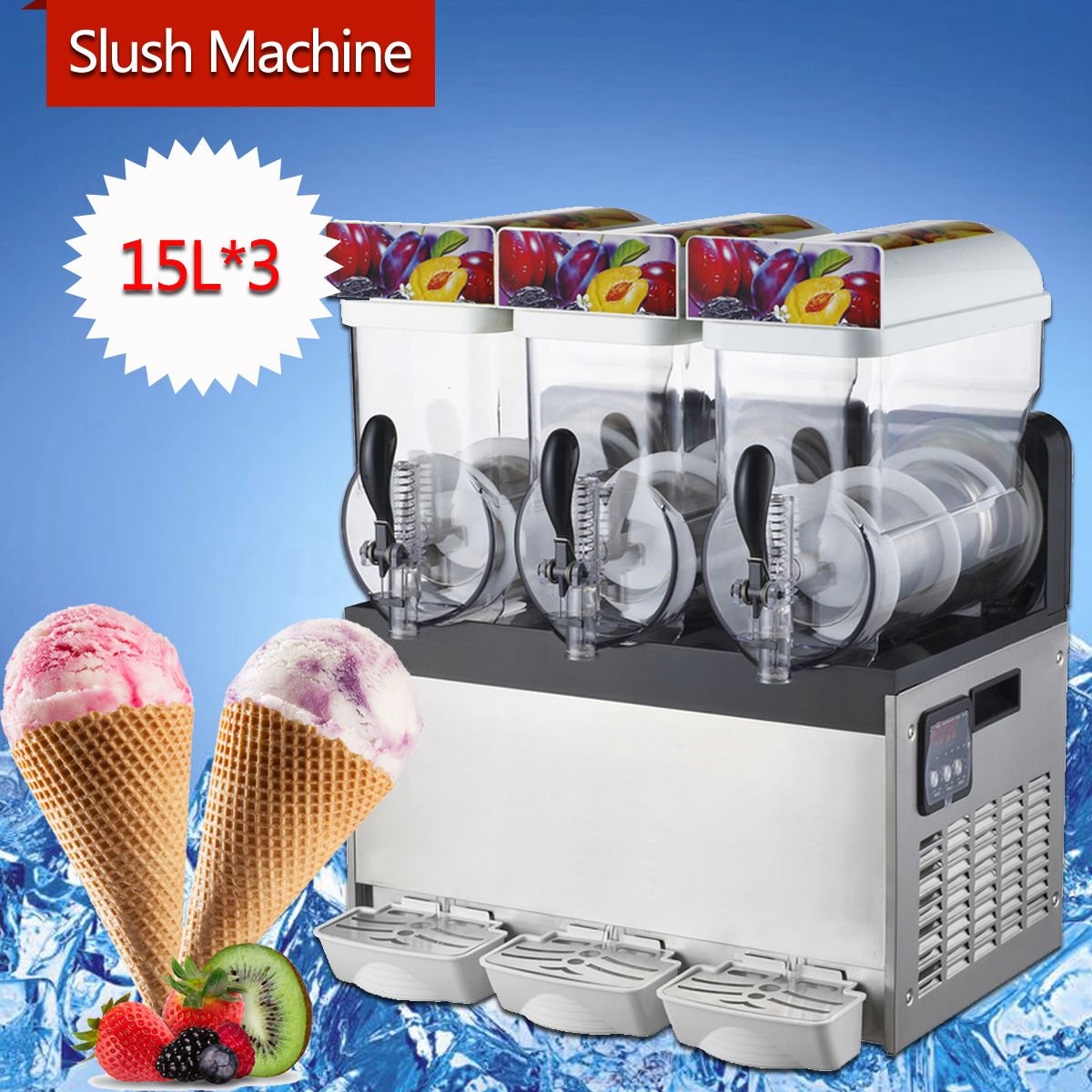 300W Stainless Steel Ice Slush Machine / 15L×3 Smoothie Slush Machine ...